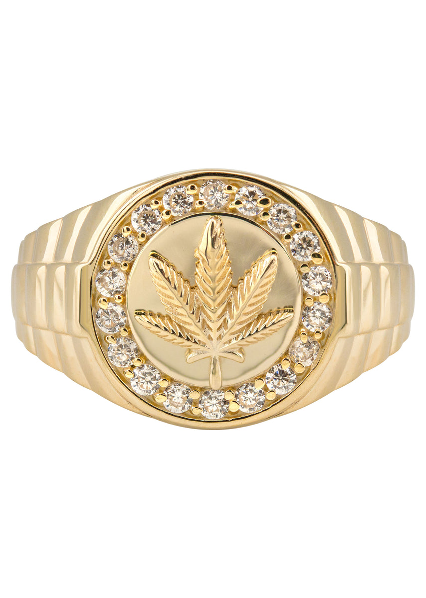 10K Gold Cz Marijuana Leaf Ring For Men | 2.6 Grams