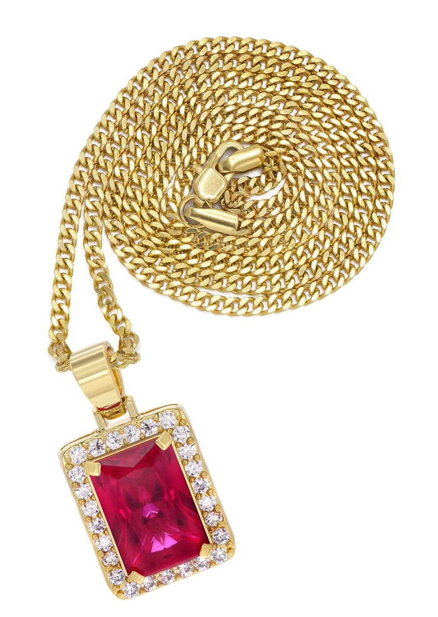 Mens Gold Plated Cuban Link Chain & Ruby Pendant | Appx. 14 Grams