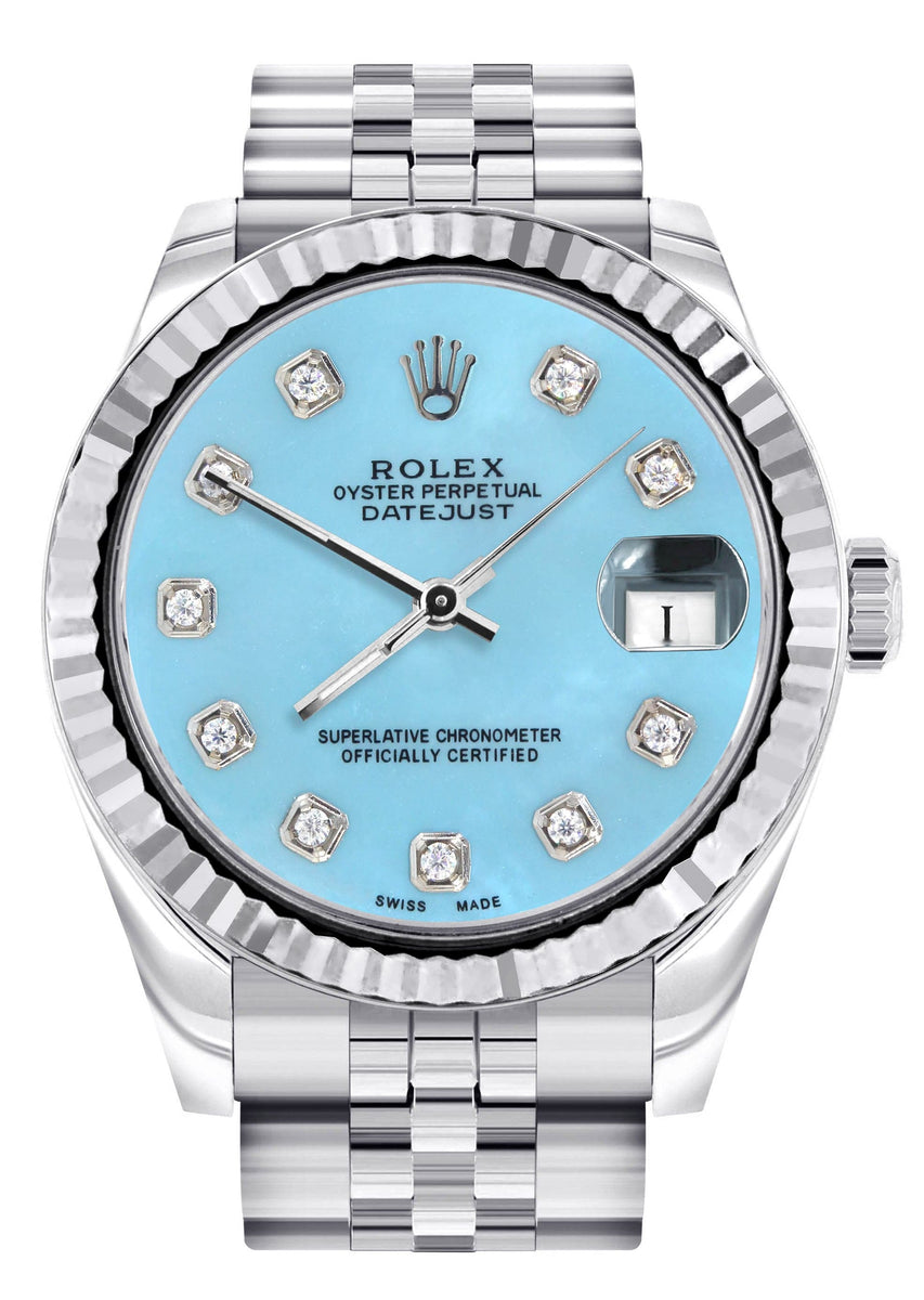 Diamond Rolex Watch | Fluted Bezel | 31MM | Baby Blue Diamond Dial | J ...