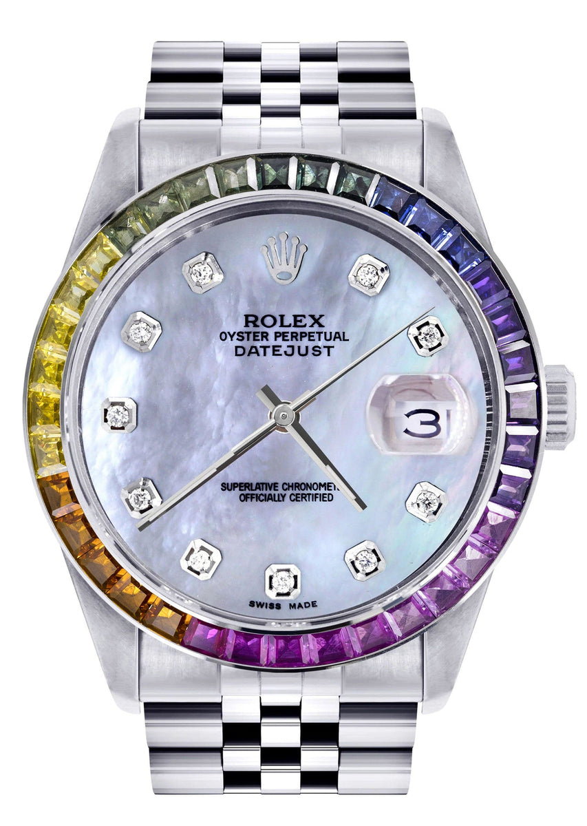 Diamond Gold Rolex Watch For Men 16200 | 36Mm | Rainbow Sapphire Bezel ...