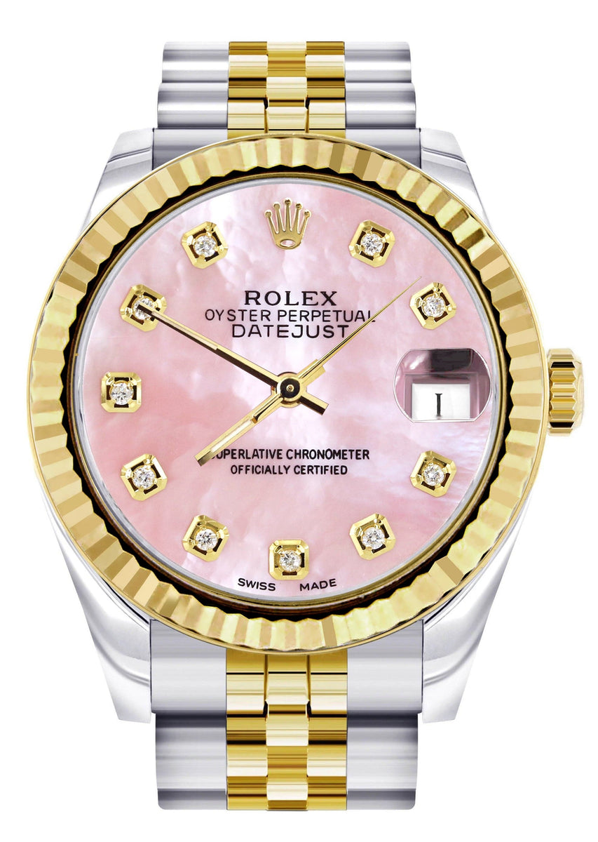 Diamond Gold Rolex Watch | Fluted Bezel | 31MM | Pink Mother of Pearl ...